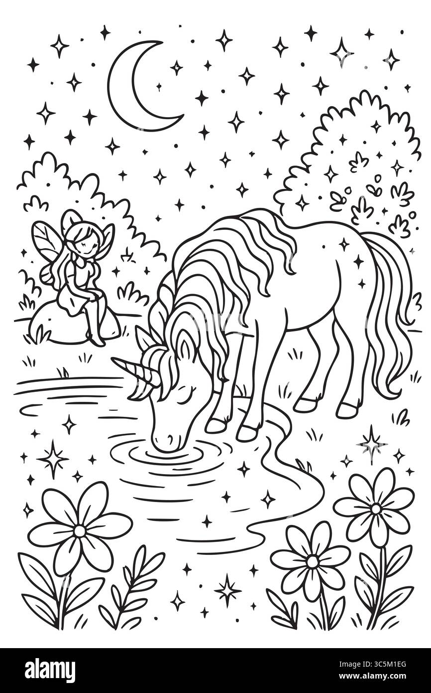 Black outline coloring page for children with unicorn and fairy by a ...