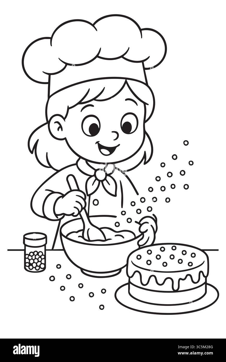 Black outline coloring page of child chef with cake and mixing bowl ...