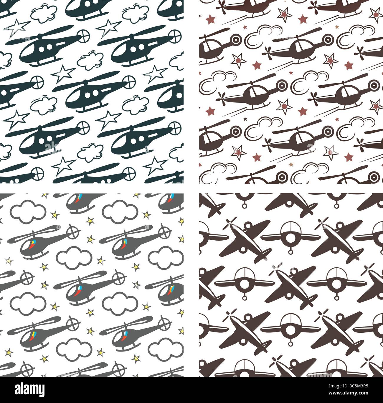 Seamless Aviation Pattern Set – Airplane and Helicopter Black and White ...