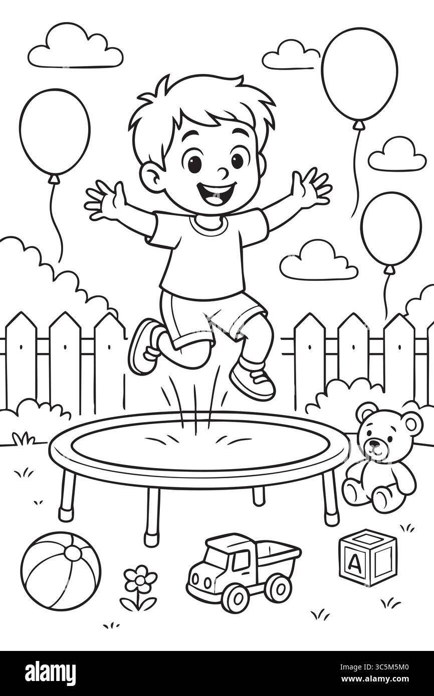 Black and white coloring page for children featuring cheerful boy ...