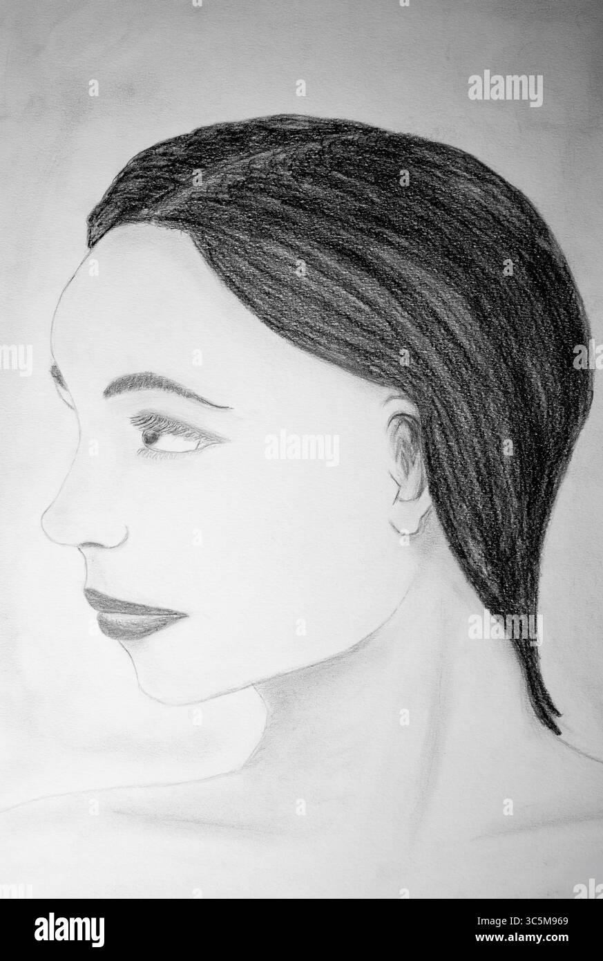 This stylized profile portrait drawing showcases a woman's graceful ...