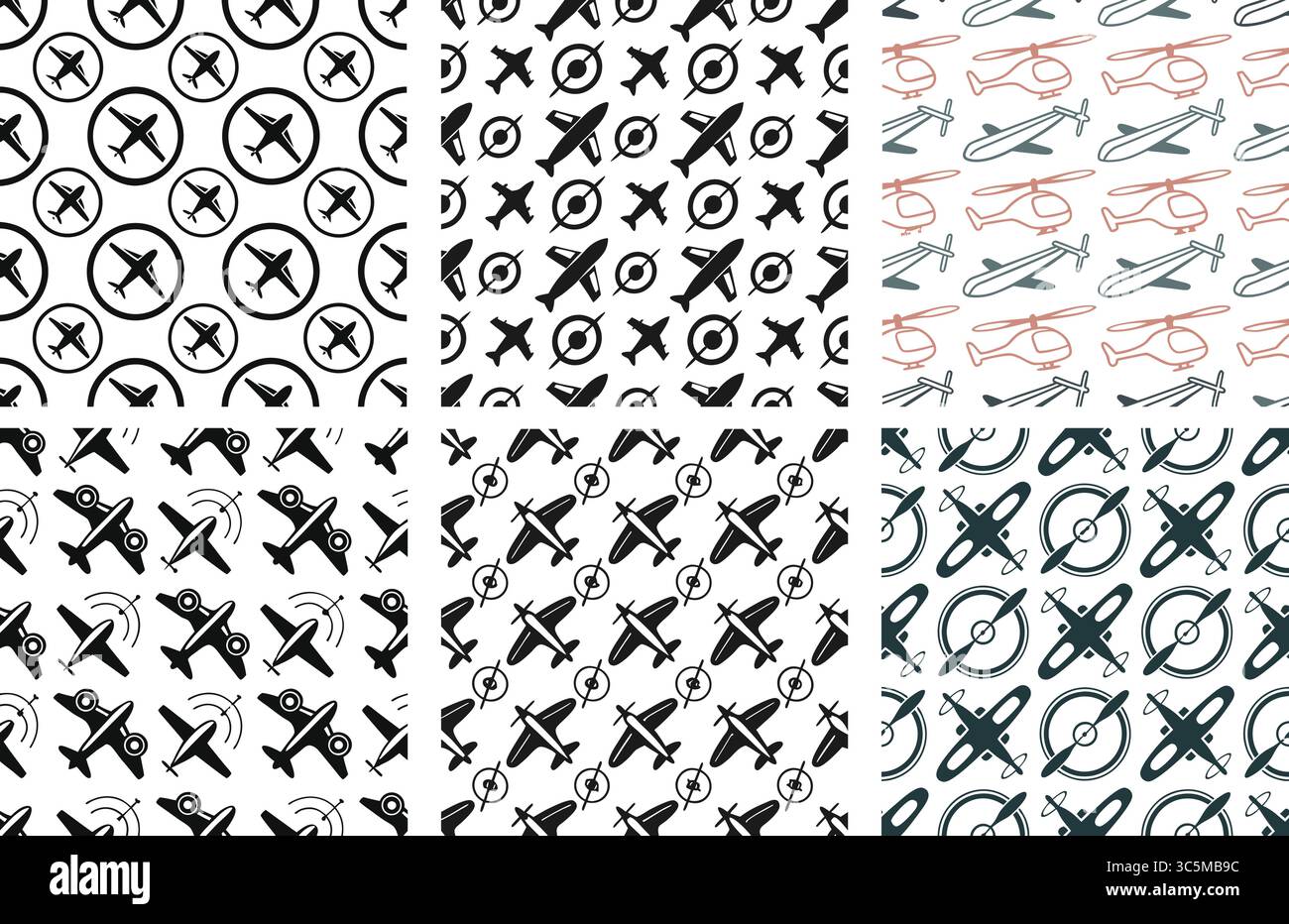 Seamless Aviation Pattern Set – Airplane and Helicopter Black and White ...