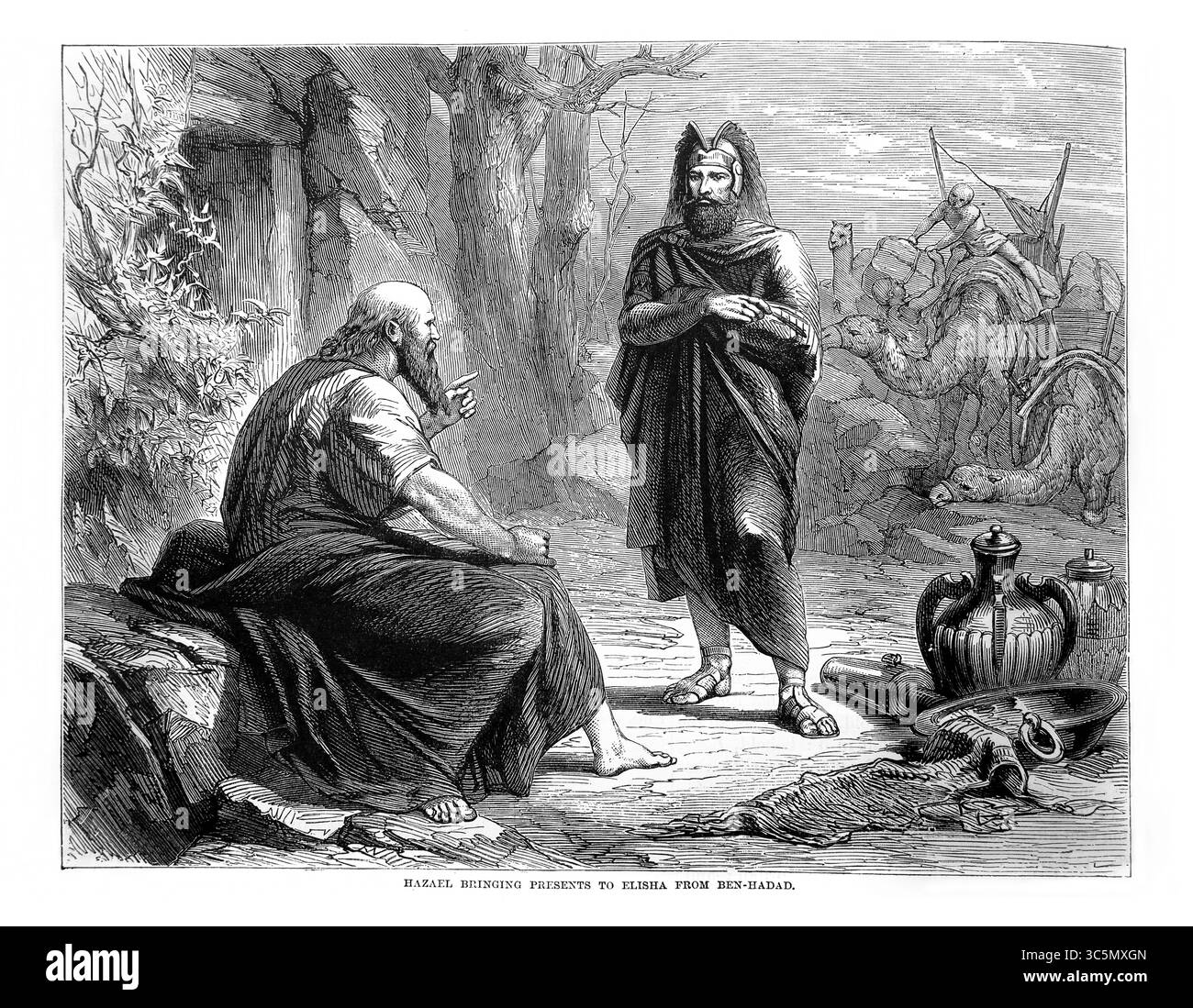 Illustration of Hazael bringing gifts of Forty Camels bringing the ...