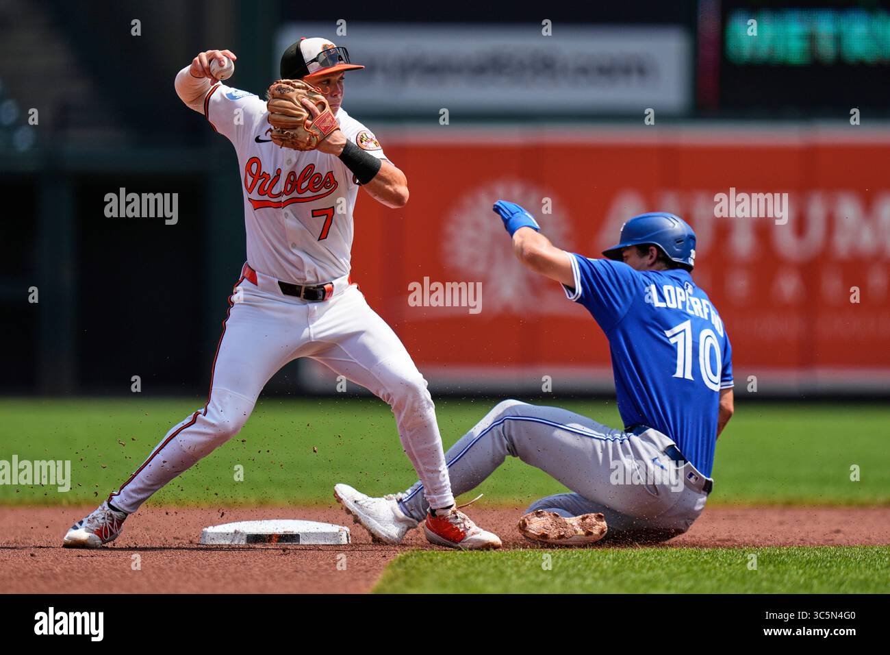 Toronto Blue Jays' Joe Loperfido (10) is forced out at second by ...