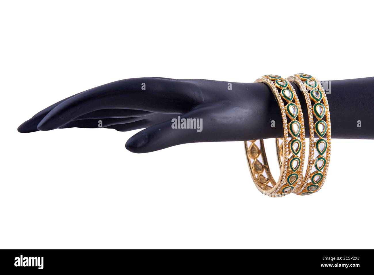 Elegant gold-toned bangles featuring intricate green enamel work and sparkling Kundan stones ...