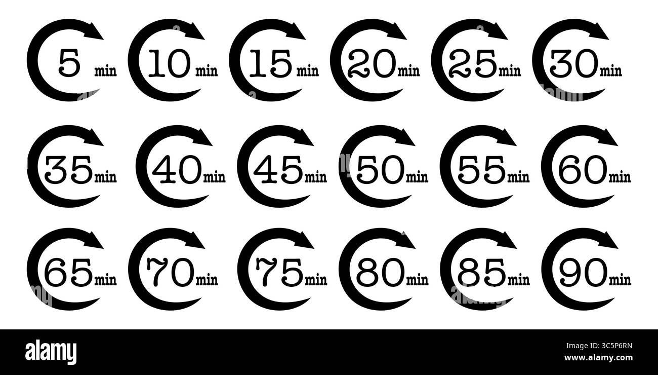 Countdown concept with stopwatch icon set from 1 to 90 minutes. Vector ...