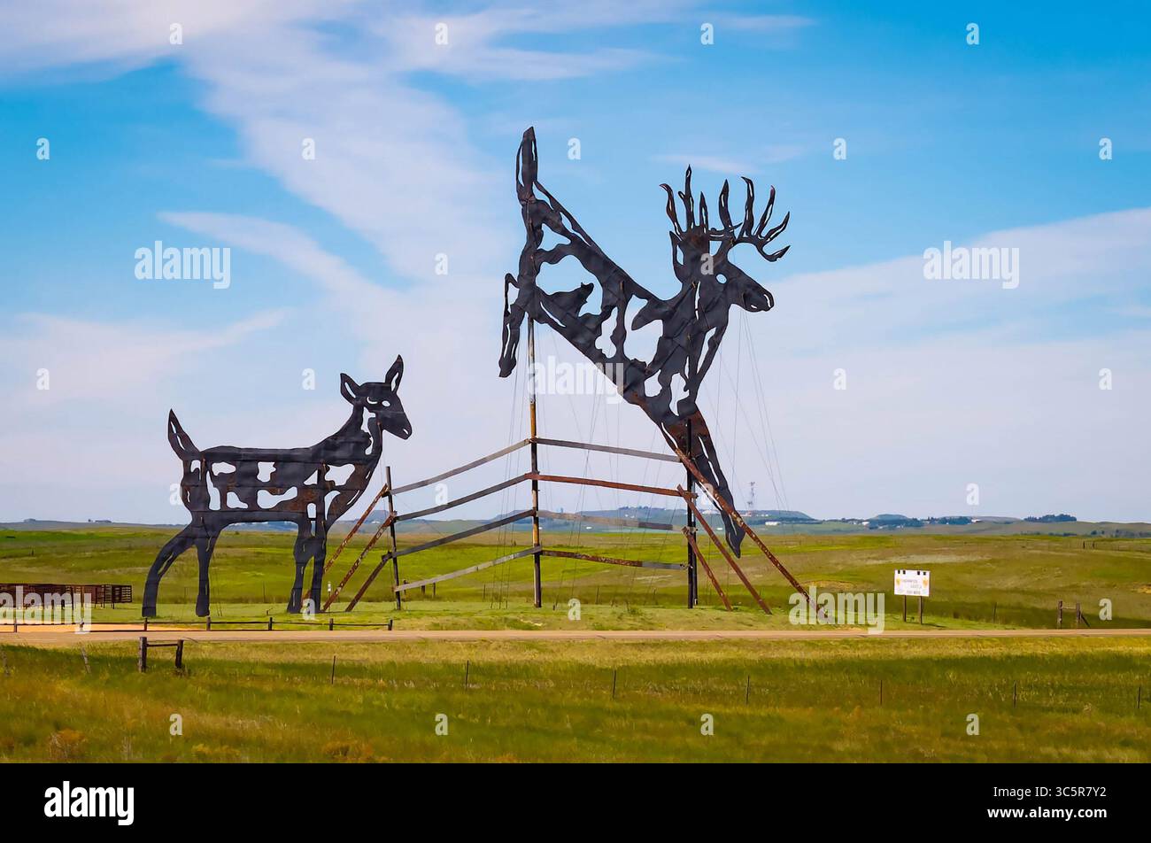 Regent, ND, USA - July 13, 2025: The Deer Crossing sculpture on North ...