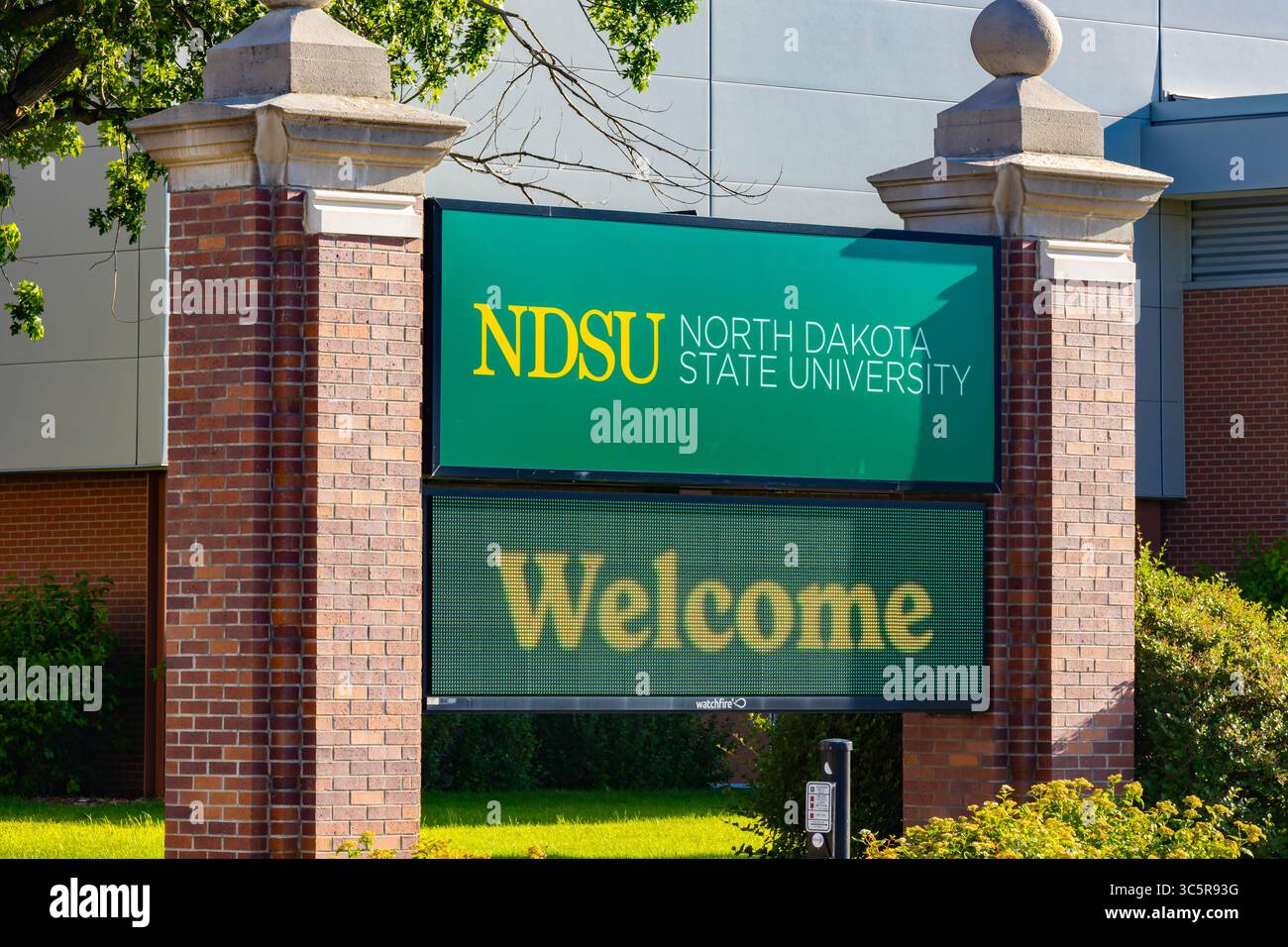 Fargo, ND, USA - July 01, 2025: A prominent welcome sign at North Dakota State University Stock ...