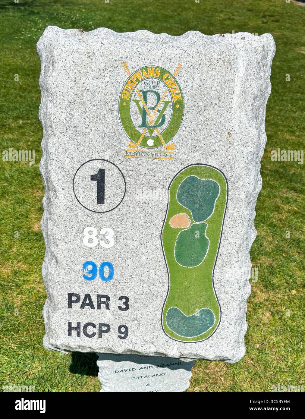 Babylon, New York, USA - 10 July 2025: Sign marking the first hole at a ...