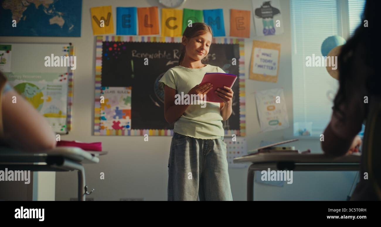 Smart Primary School Girl with Notebook Showcasing Knowledge of Ecology ...