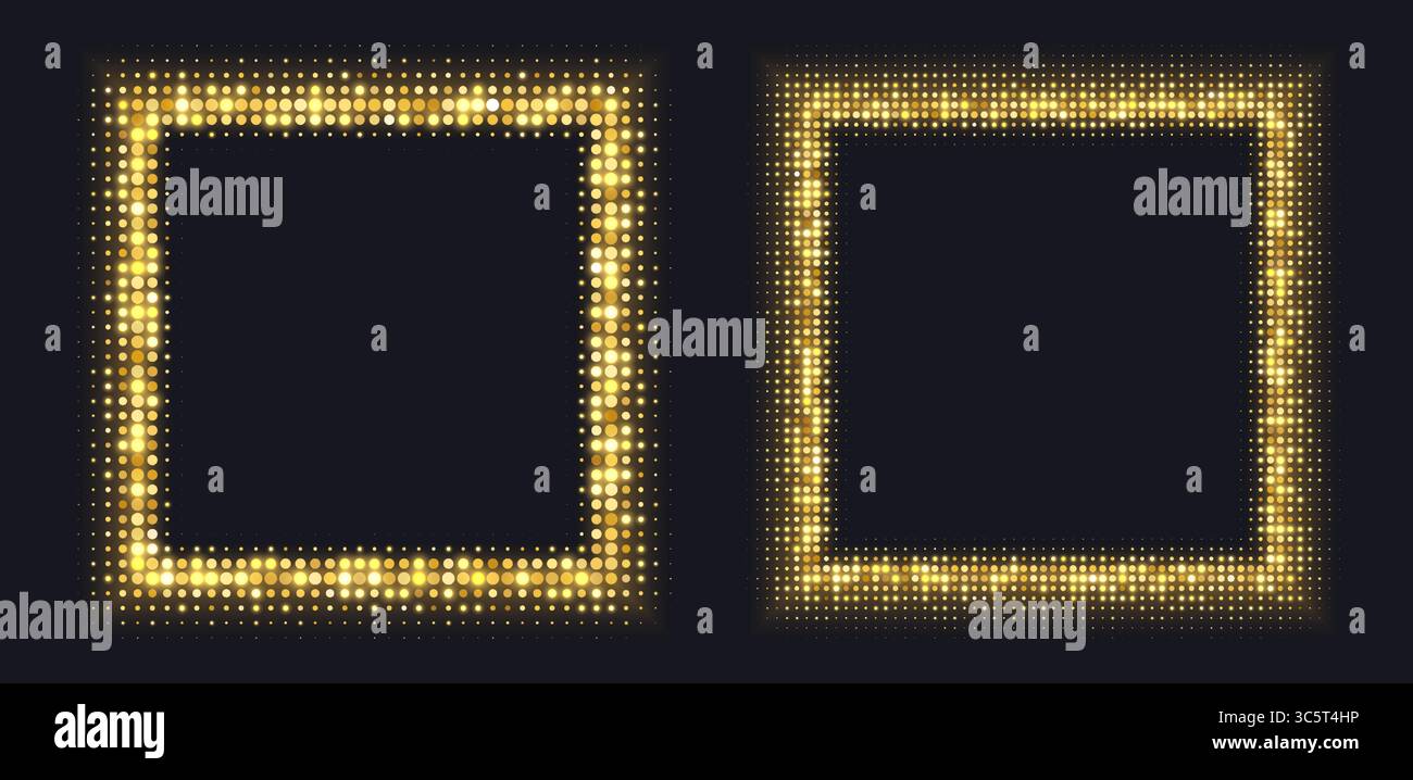 Golden halftone frames, glowing square borders, pattern with dots ...