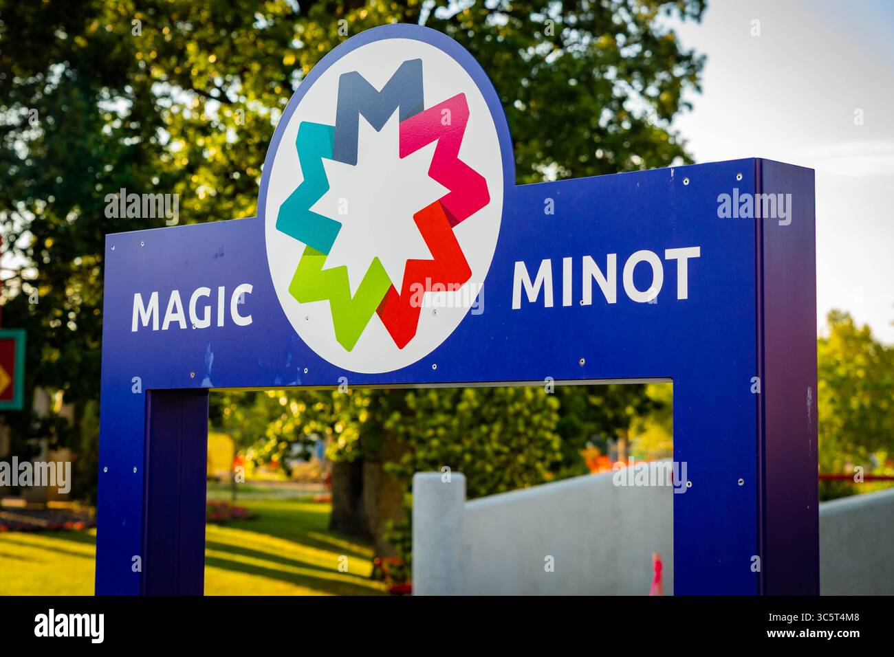 Minot, ND, USA - July 06, 2025: Magic Minot sign at Minot zoo on vivid summer sunset Stock Photo ...