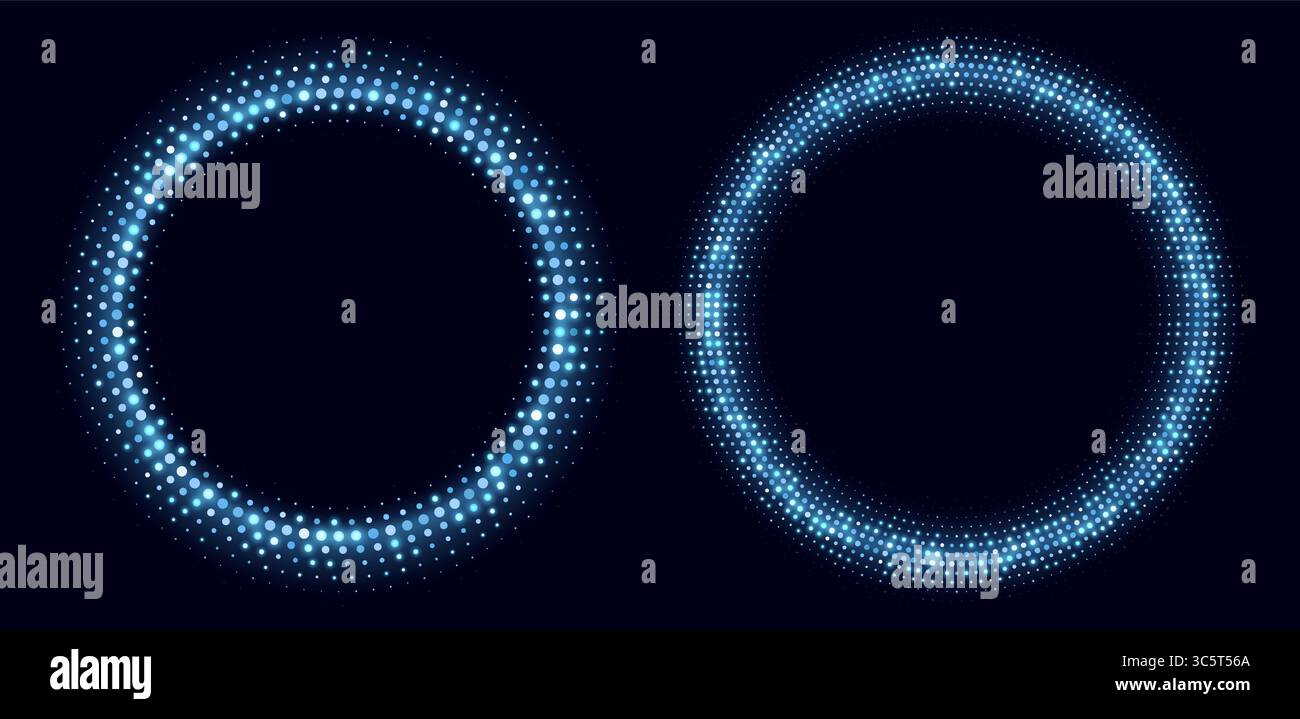 Blue halftone frames, glowing circle borders, round pattern with dots ...