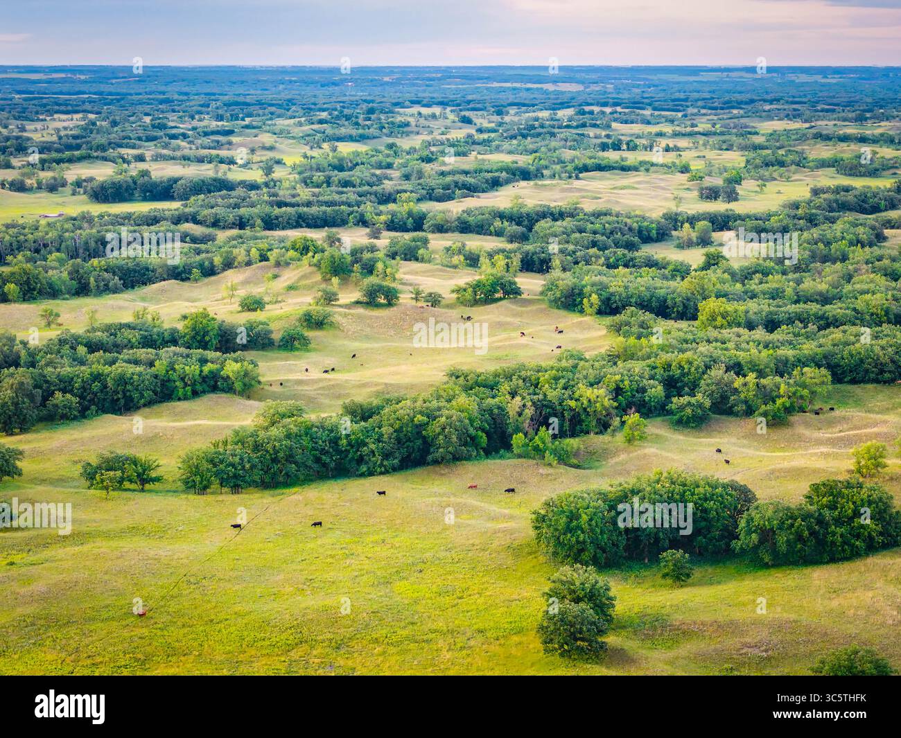 An expansive aerial view captures the Sheyenne National Grassland under ...