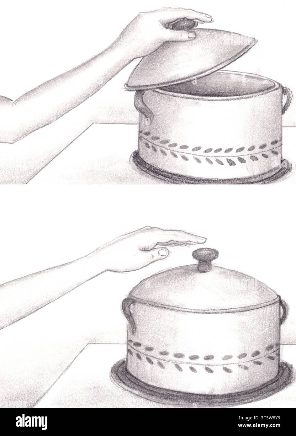 Grayscale illustration hand in top drawing opening up a pot on electric ...