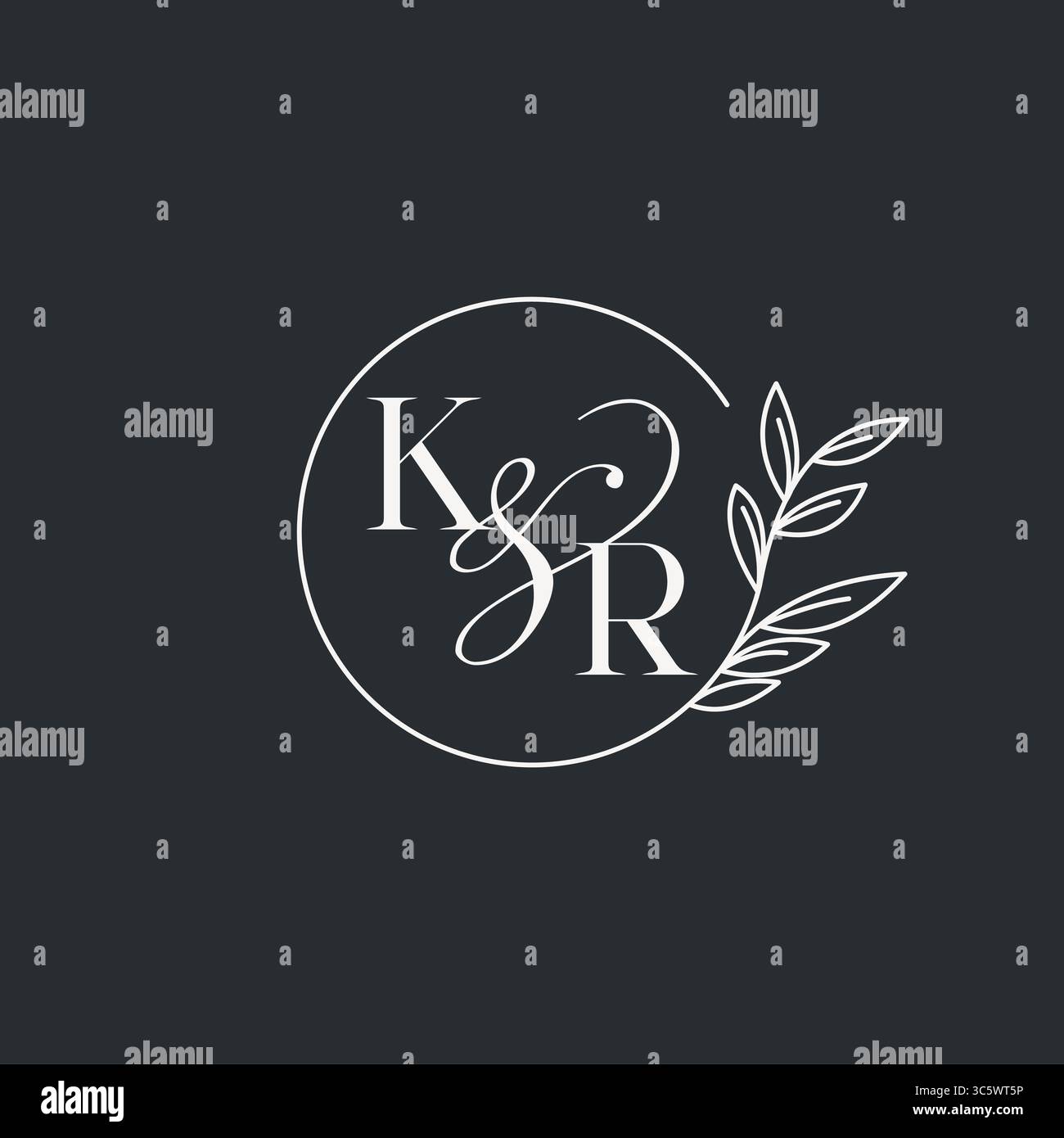 Wedding monogram initial KR design in an elegant and minimal style with circular lines and leafy ...