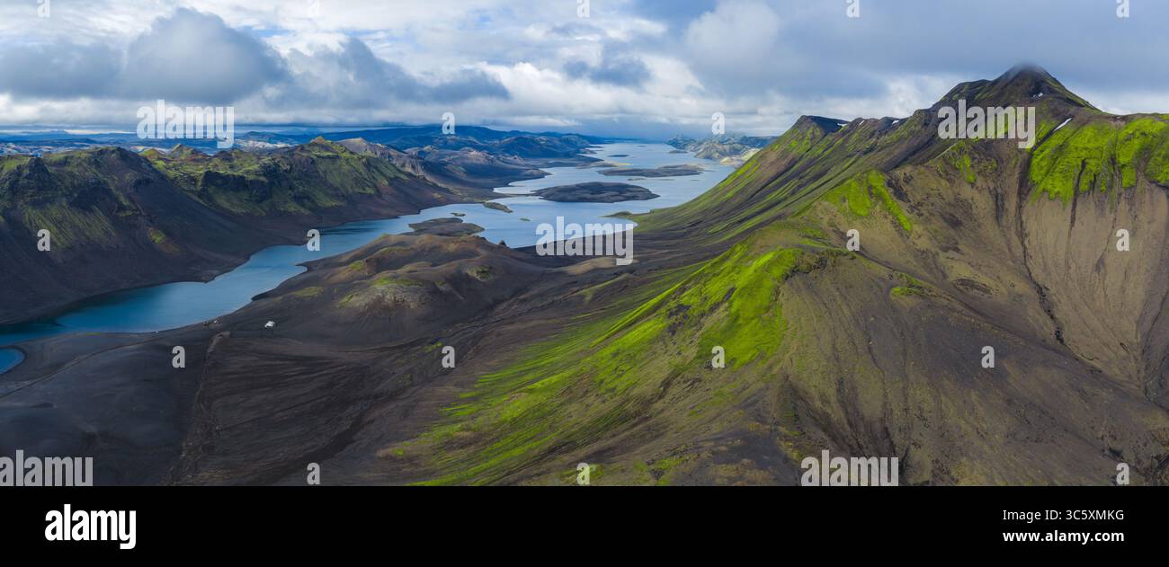 Aerial View of Icelandic Lakes and Moss Covered Mountains Stock Photo ...