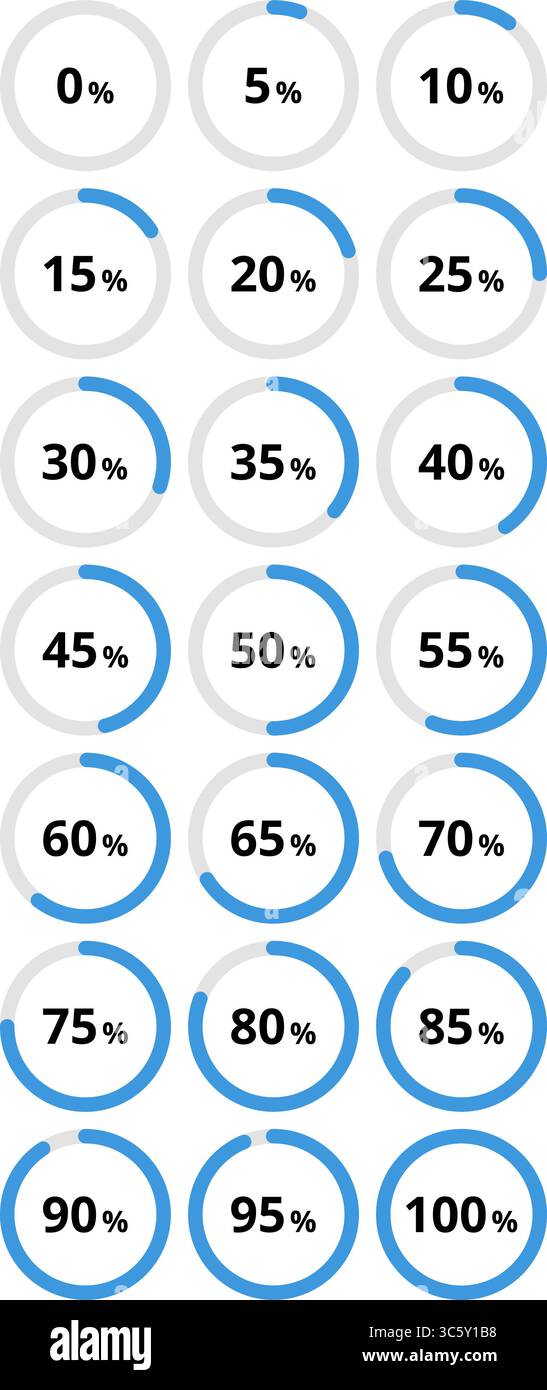 Vector set of blue circular progress indicators ranging from 0 to 100 ...
