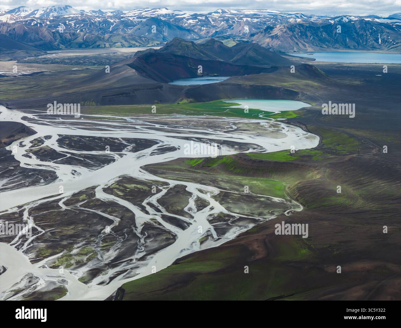 Aerial View of Braided River System in Volcanic Icelandic Landscape ...