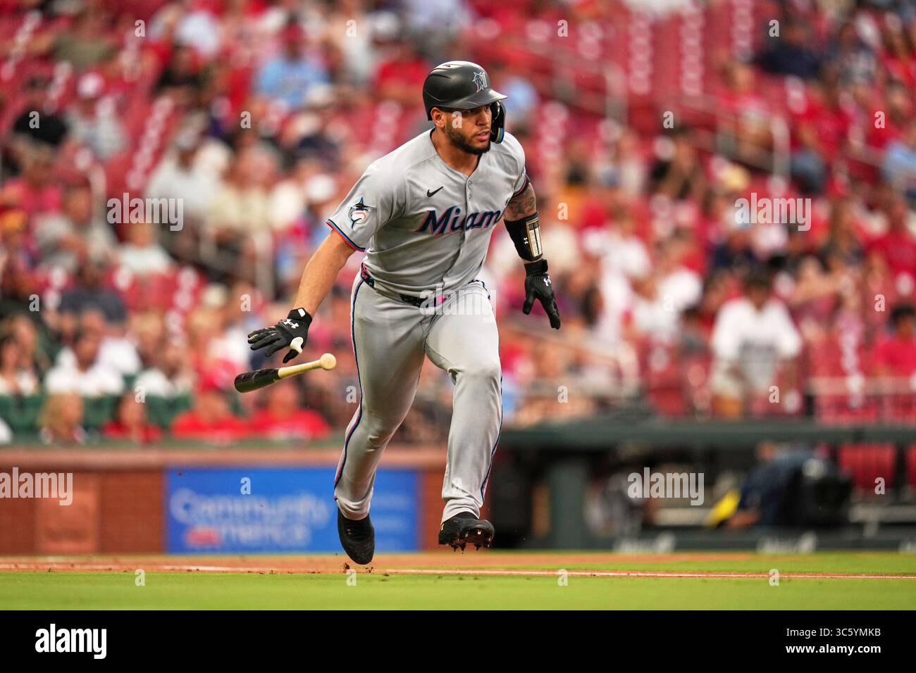 Miami Marlins' Agustin Ramirez singles during the first inning of a ...
