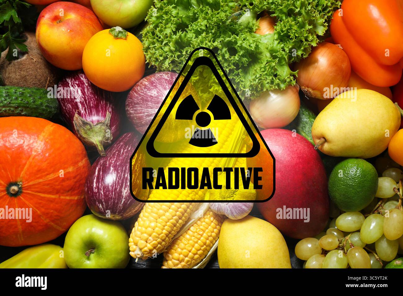 Fresh vegetables, fruits and radioactive sign. Environmental ...