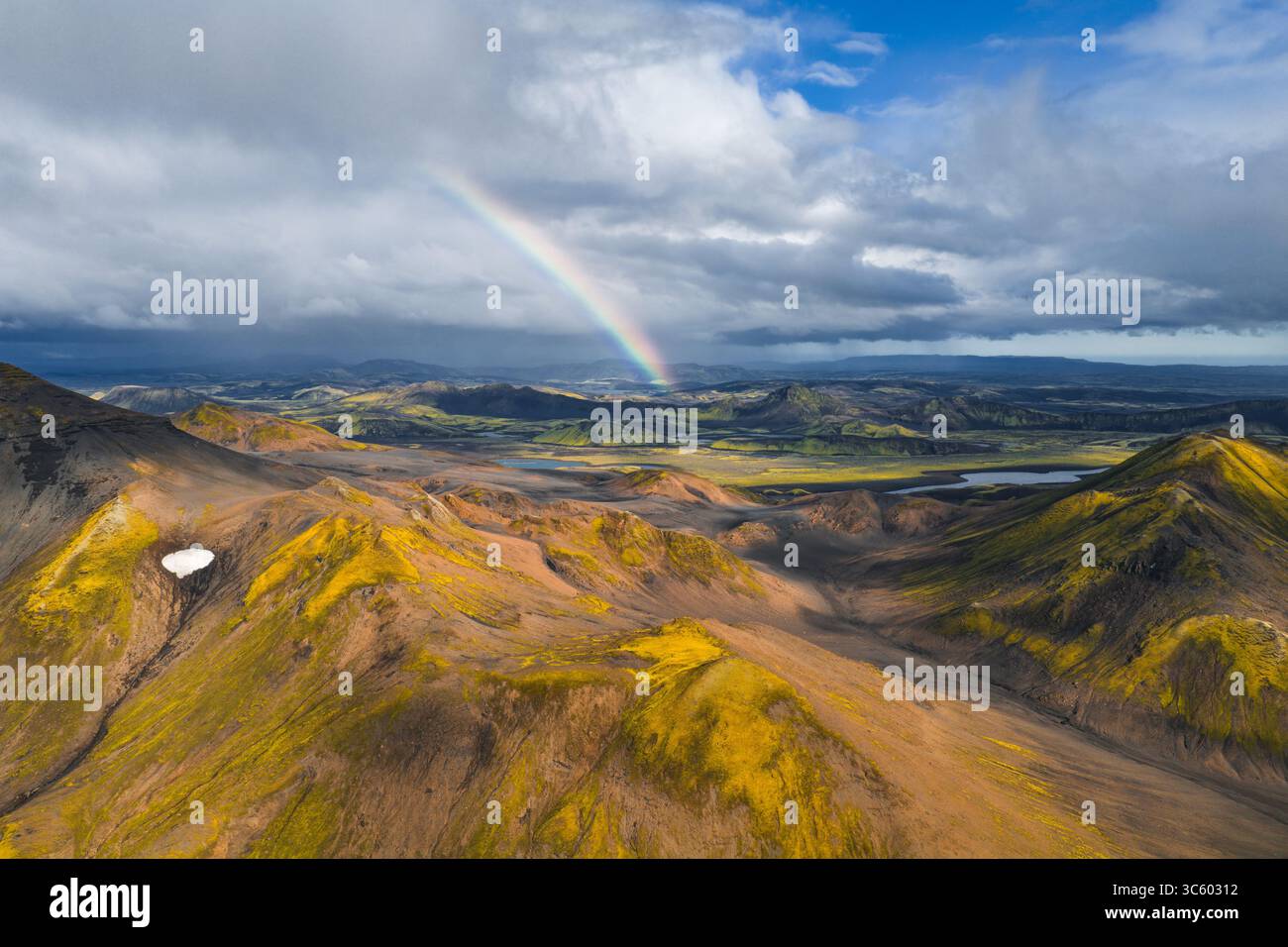 Aerial View of Iceland's Multicolored Rhyolite Mountains and Rainbow ...