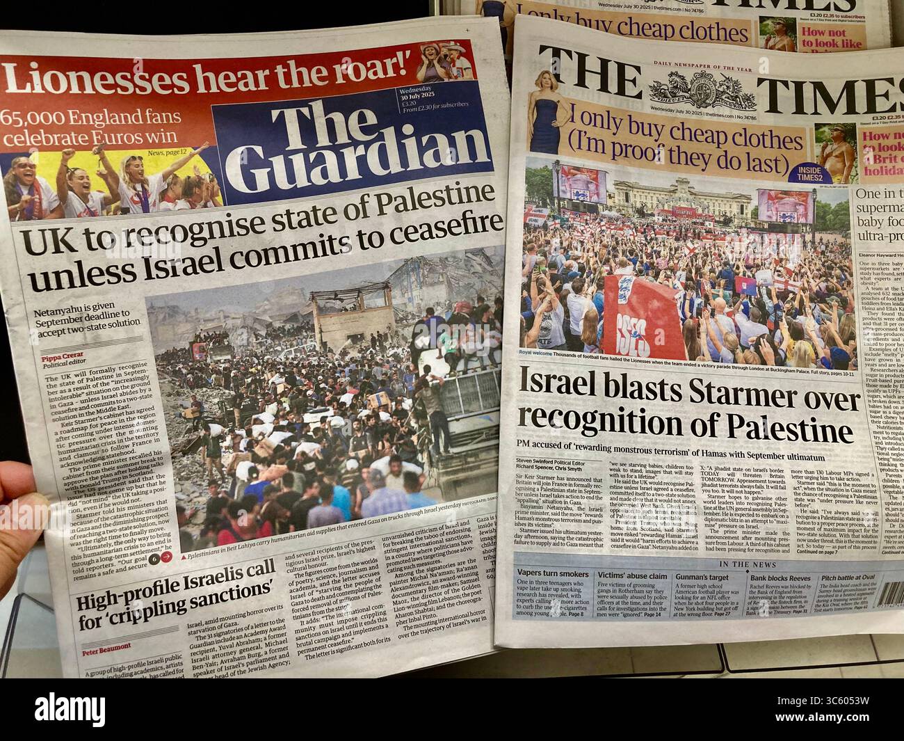 Front pages of UK Newspapers featuring UK will recognise Palestinian ...