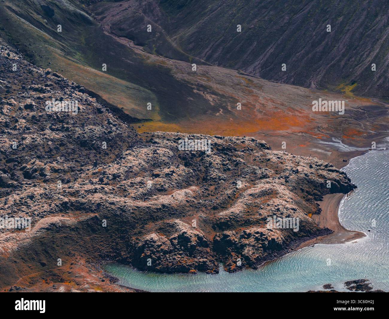 Rugged Volcanic Terrain and Serene Water in Icelandic Landscape Stock ...