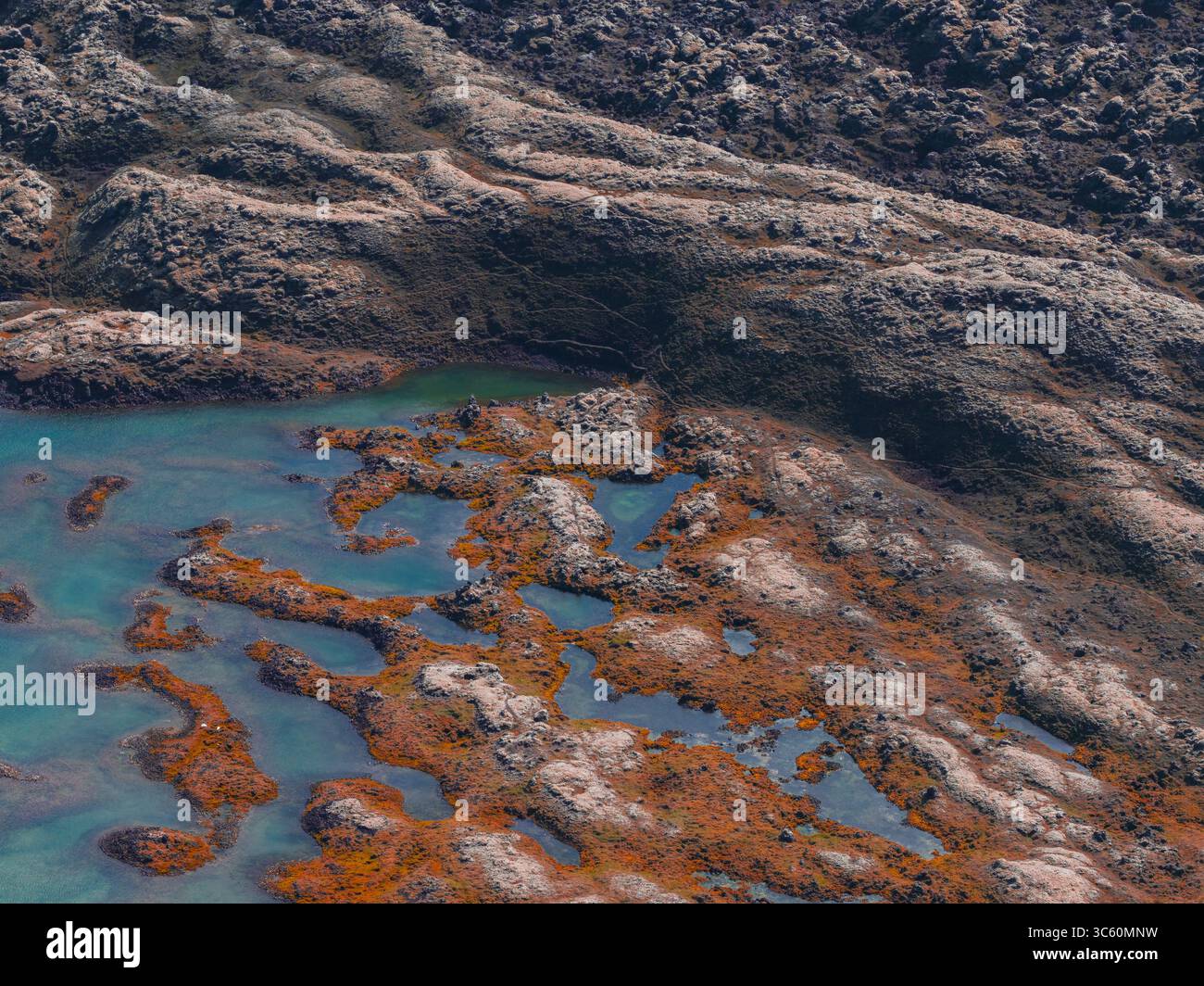 Rugged Icelandic Landscape with Turquoise Pools and Mossy Terrain Stock ...