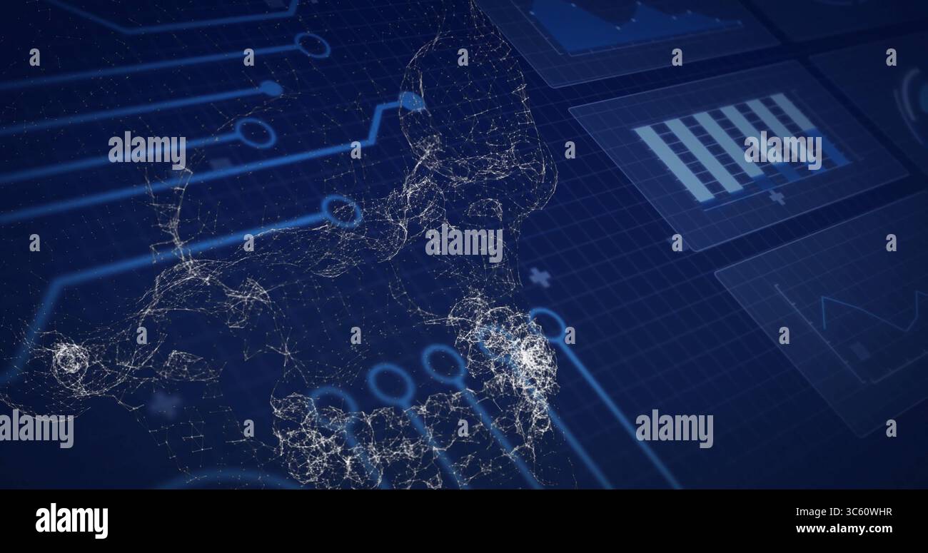 Wireframe handshake forming at center on blue digital interface with ...