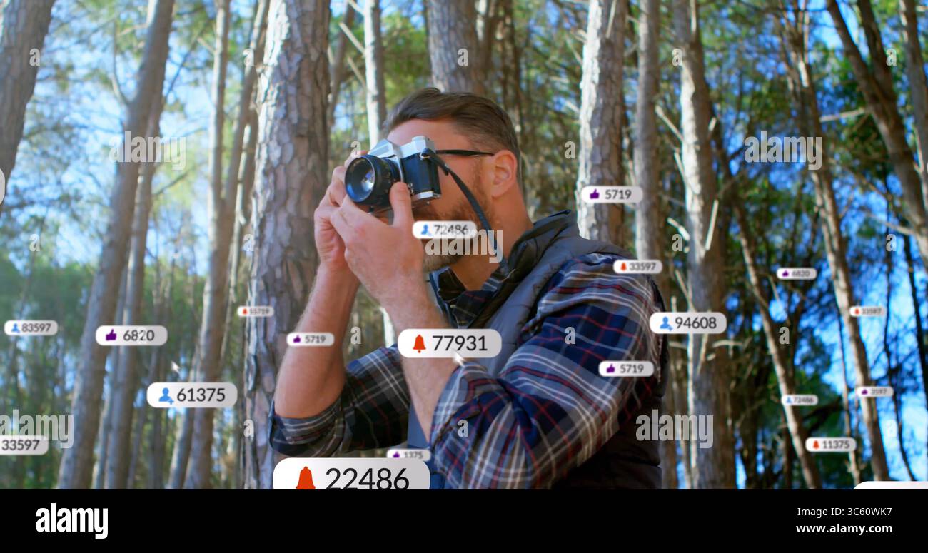 Capturing mature male photographer aiming DSLR camera in pine forest ...