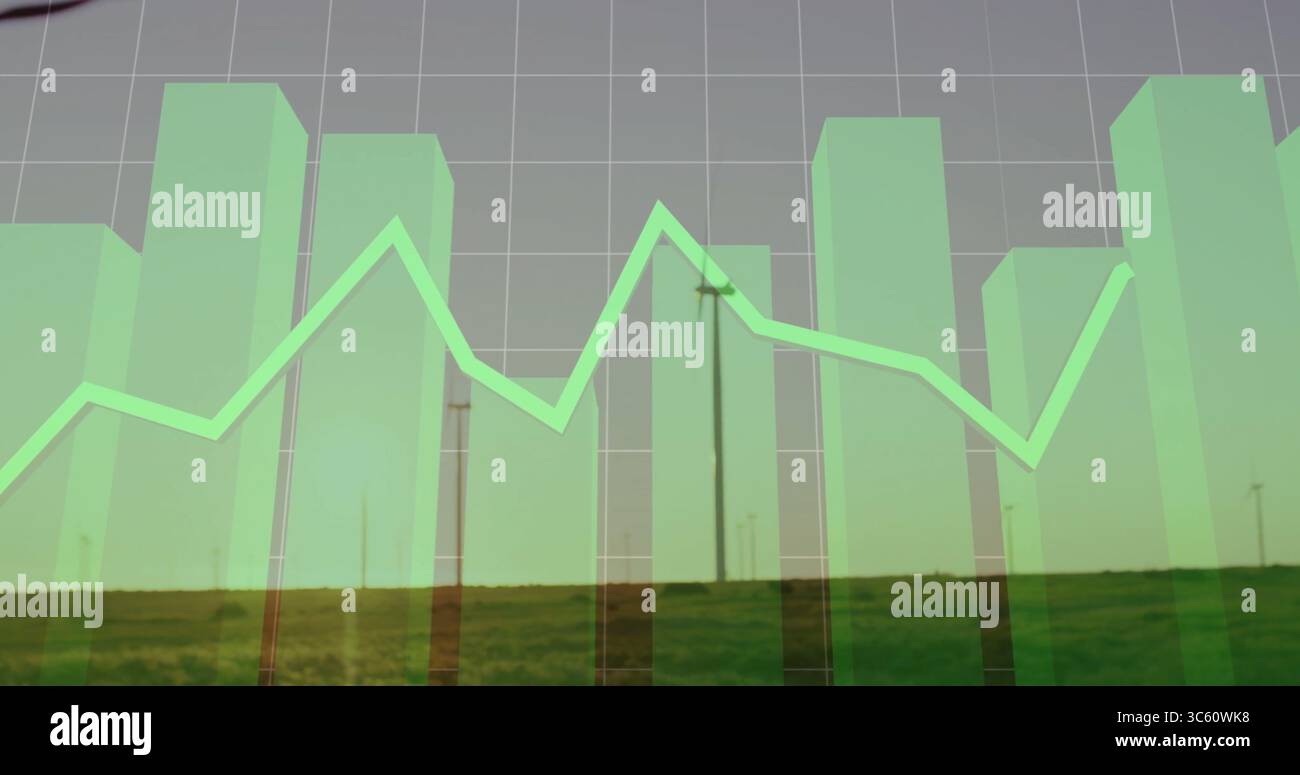 Displaying translucent green bar chart overlaying line on grassy plain ...
