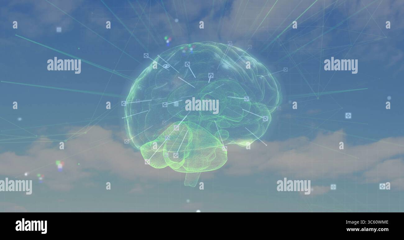 Hovering holographic brain model visualizing data in open-air sky with ...