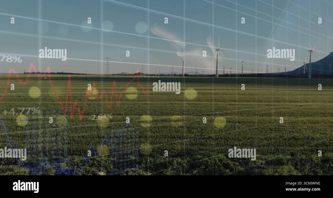Data interface with faint hand overlaying grid and line graphs in rural ...