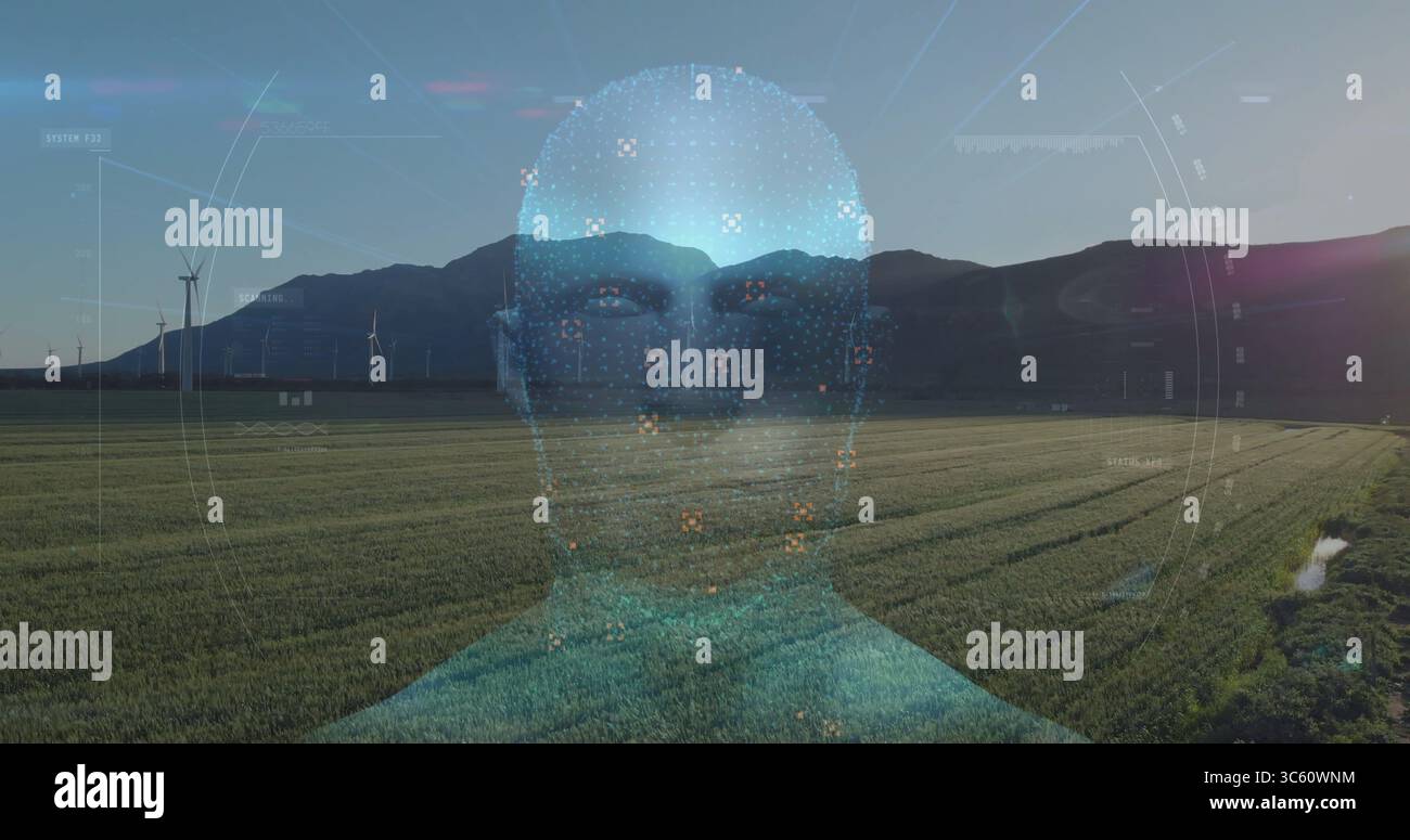 Floating digital holographic head displaying UI elements above crop ...