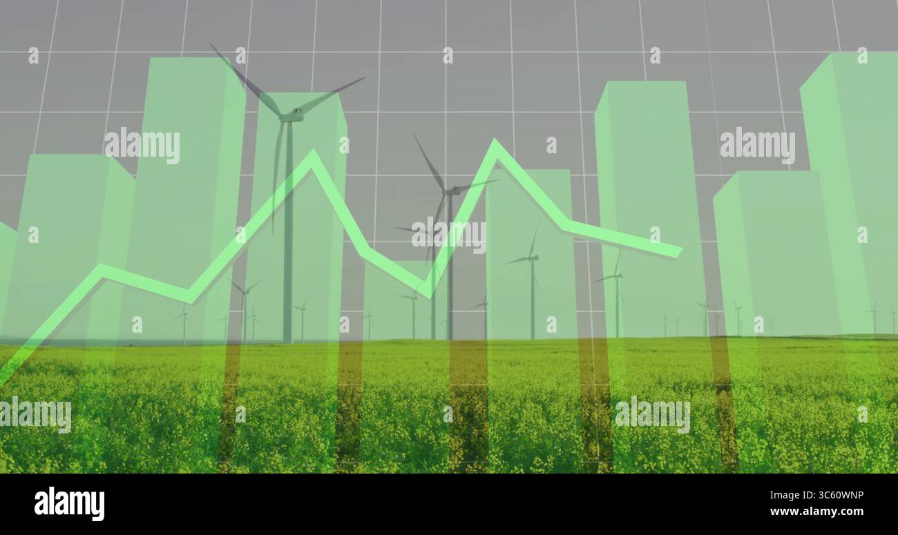 Displaying translucent green bar chart and line graph over wind farm with yellow flowering field ...