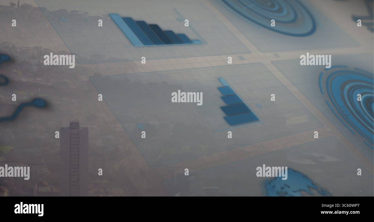 Displaying data panels hovering over city skyline featuring bar charts ...