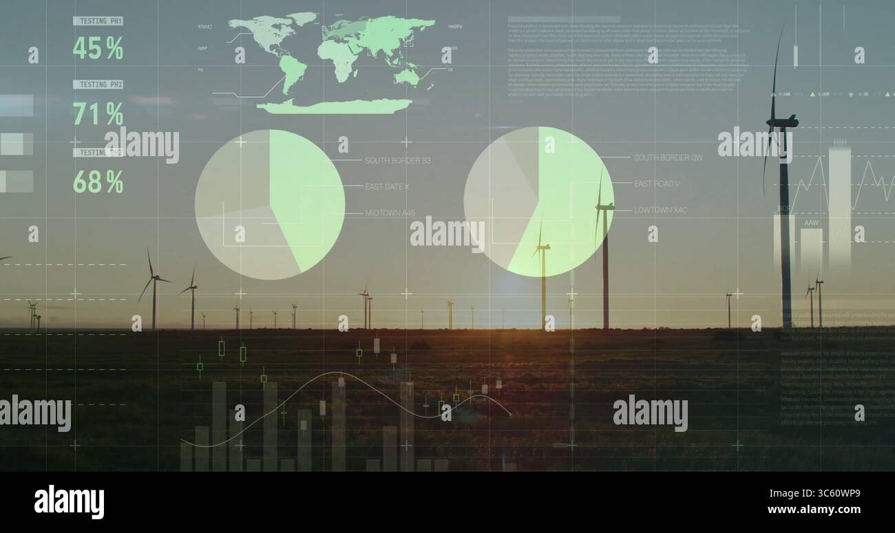 Turbine spinning on wind farm at dusk, world map, pie charts ...