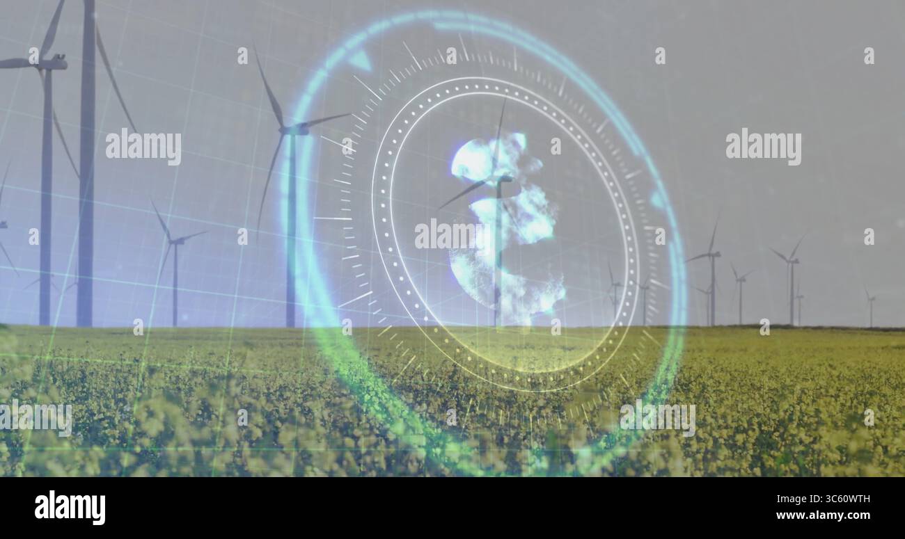 Projecting holographic circular interface displaying globe over wind farm flowering crop field ...
