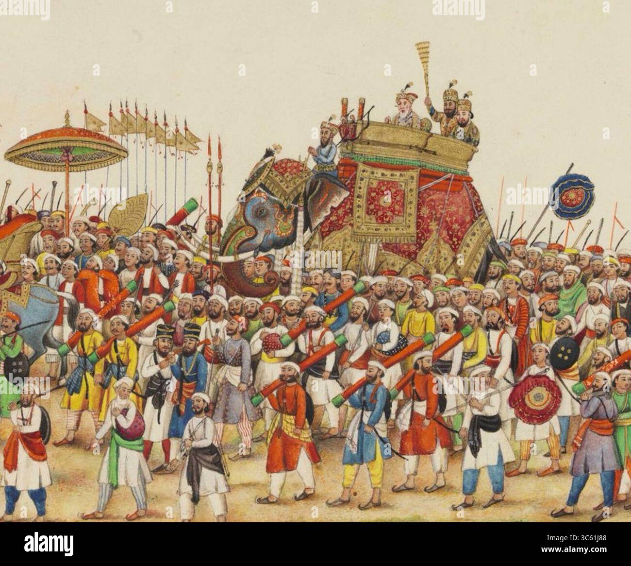 Mughal Emperor Akbar II riding on an elephant in a state procession ...