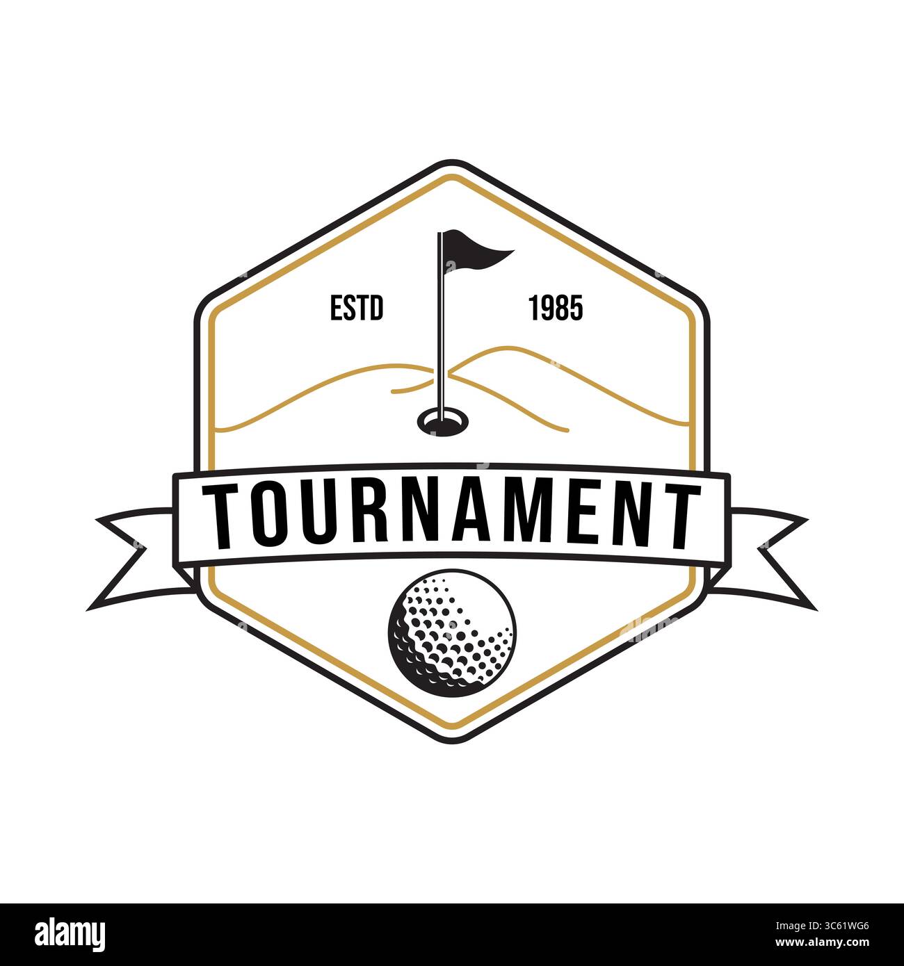 Vintage Golf Tournament Logo Retro Flag and Ball Emblem in Hexagonal ...