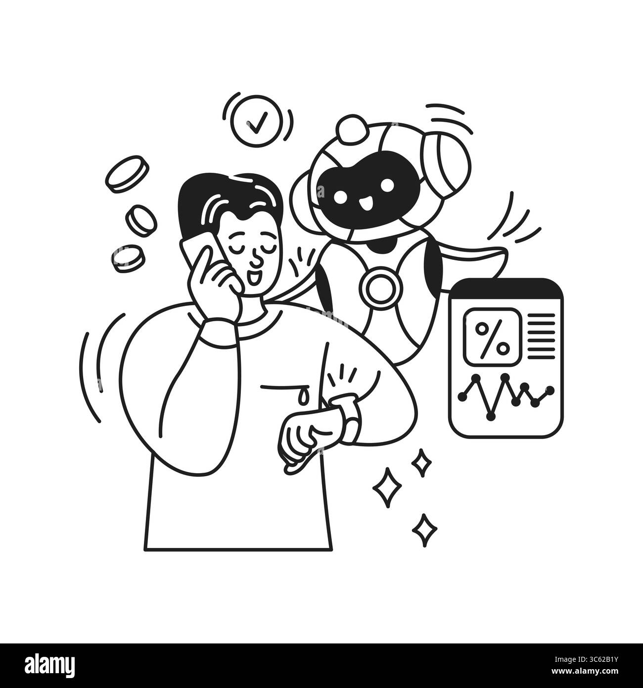 Illustration of a cheerful man interacting with a happy artificial ...