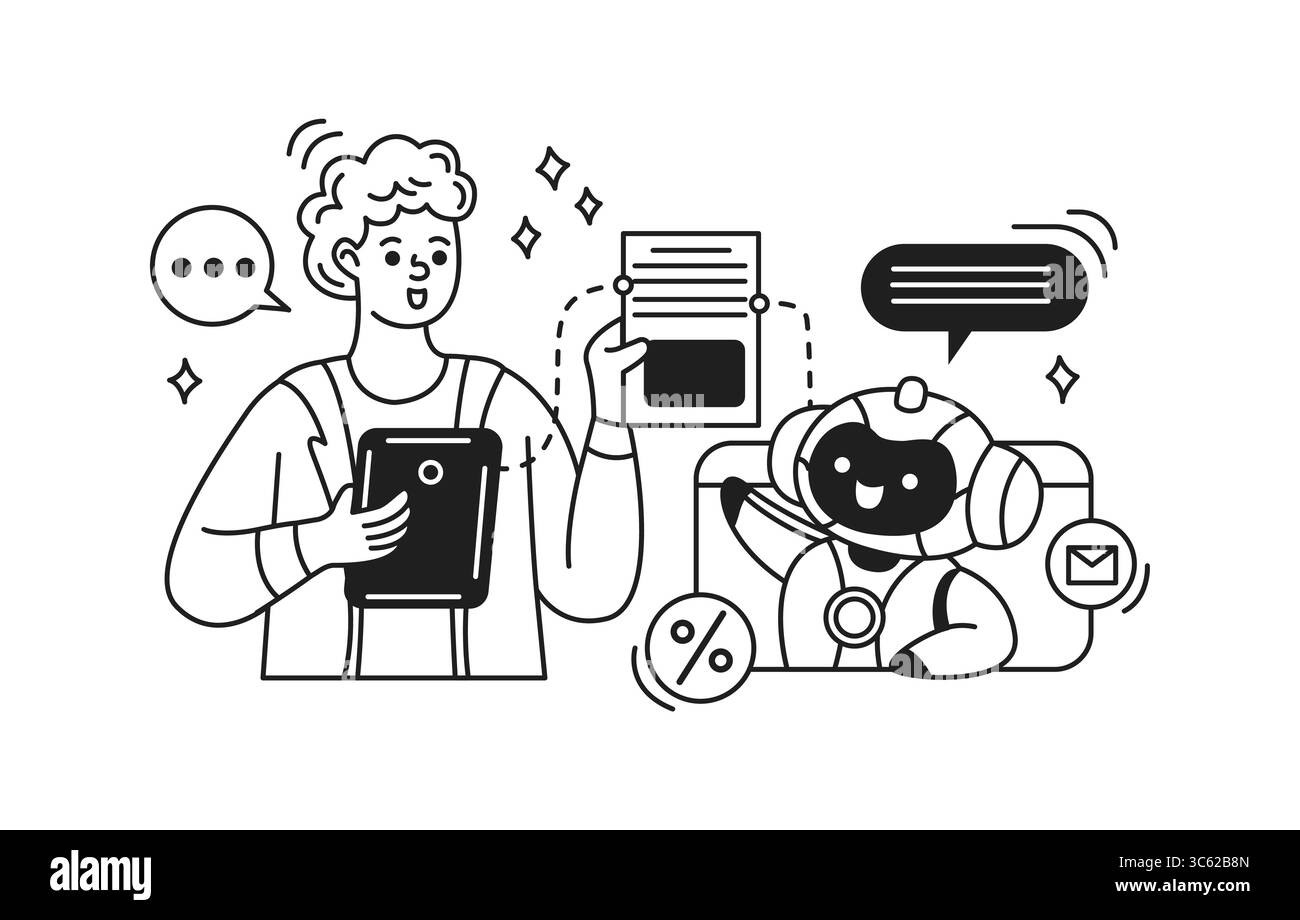 Line art illustration of person happily using digital device next to ...