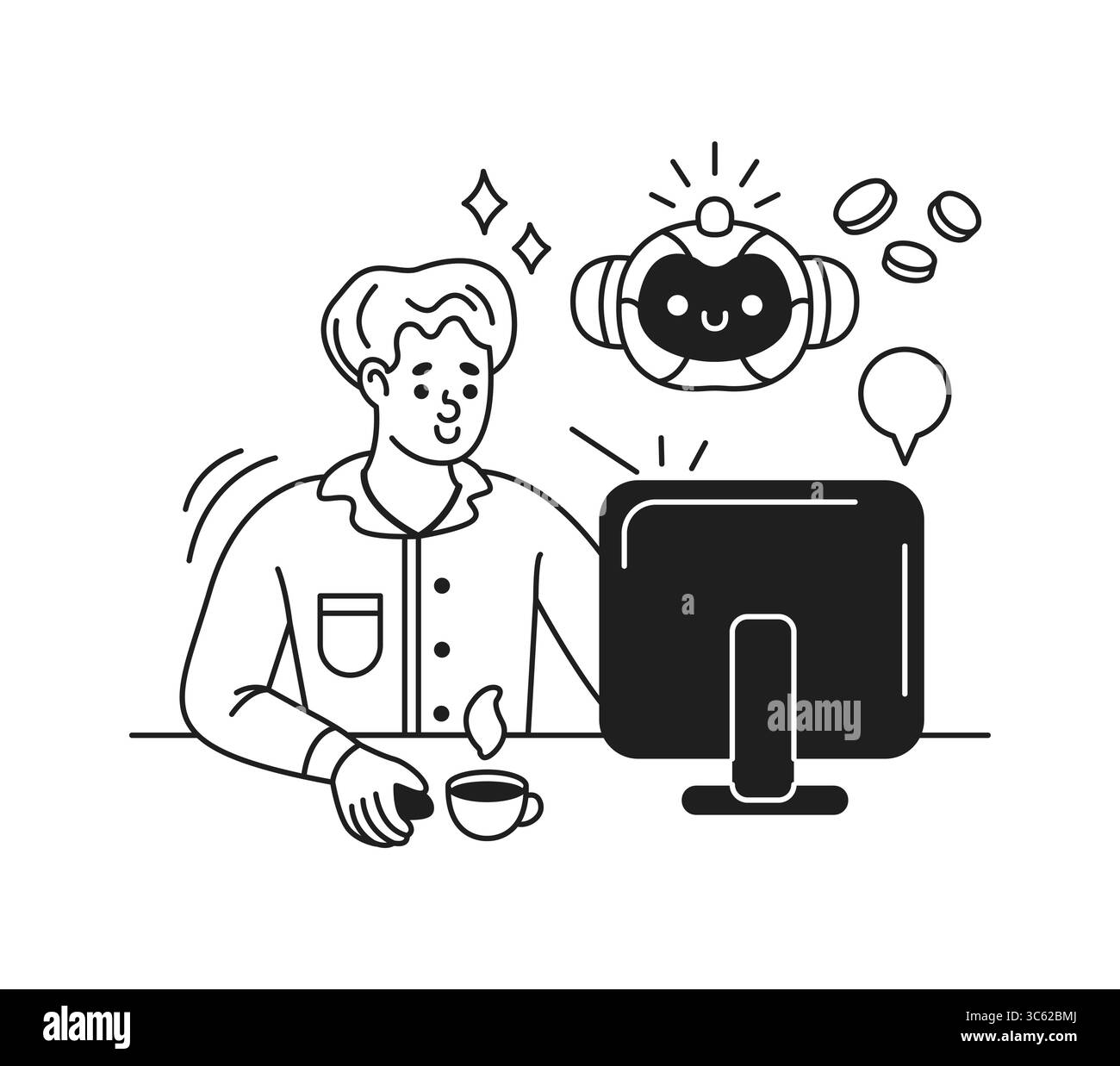 Line art of a person engaging with a happy artificial intelligence on a ...