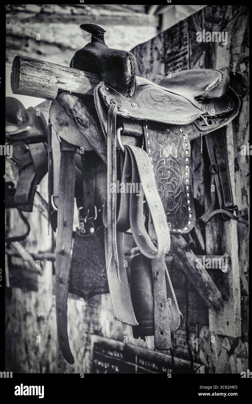 An intricately tooled leather saddle rests against aged timber ...