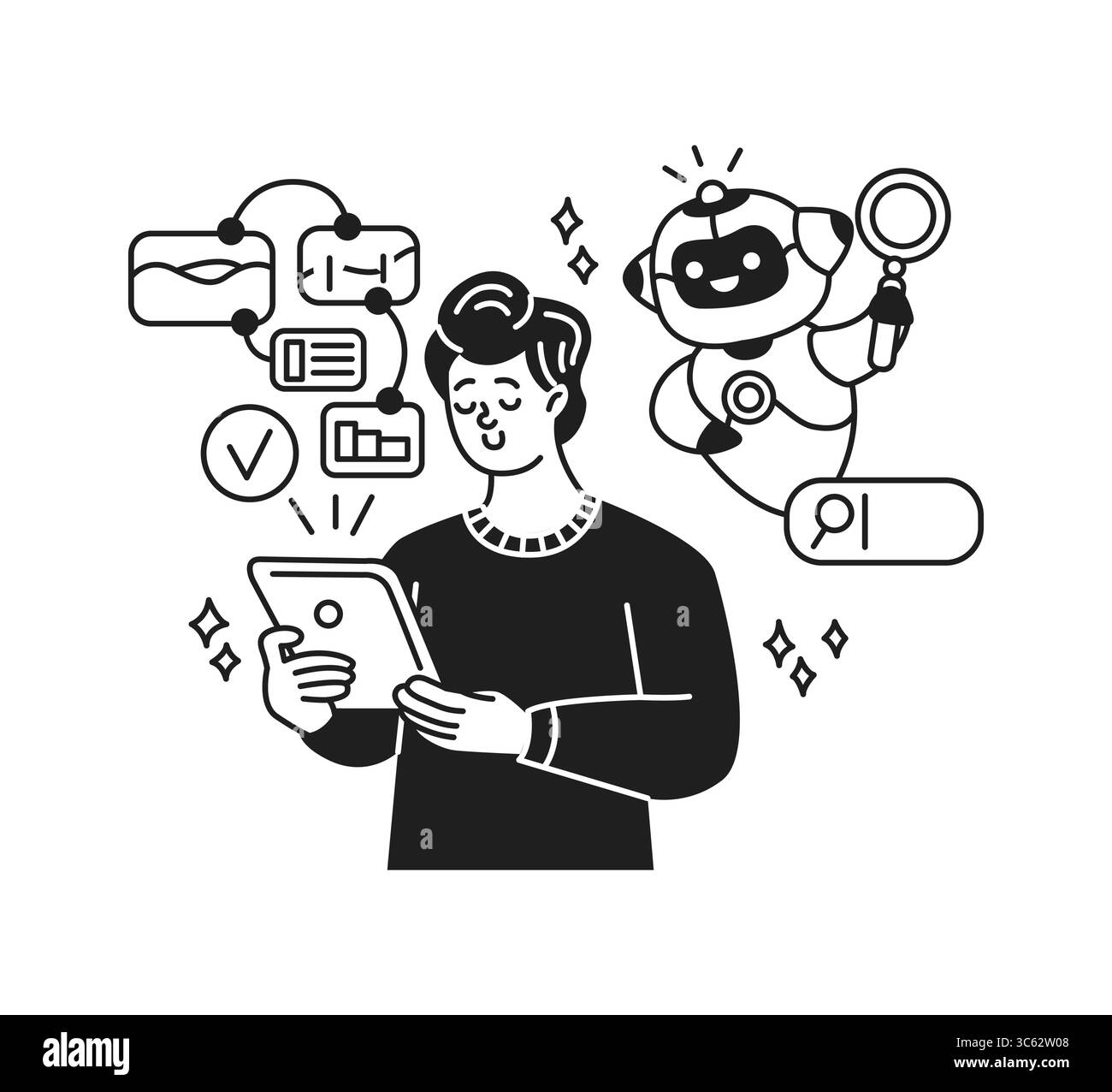 Cartoon illustration of a person using a tablet with a friendly ...