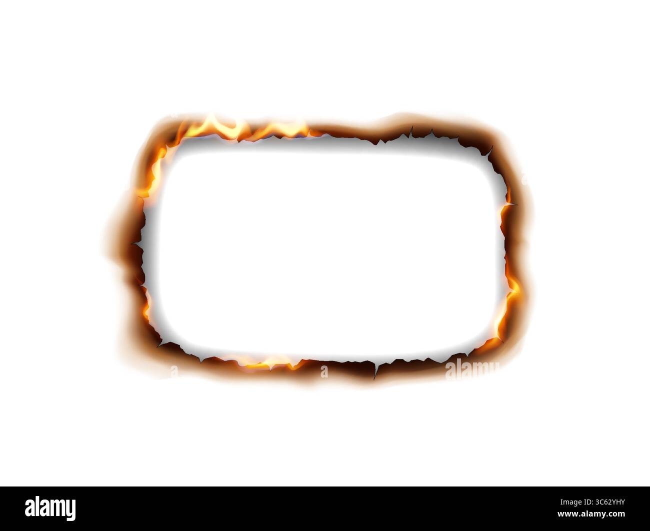 Rectangular paper frame with burnt edges and flames, giving a fiery and ...