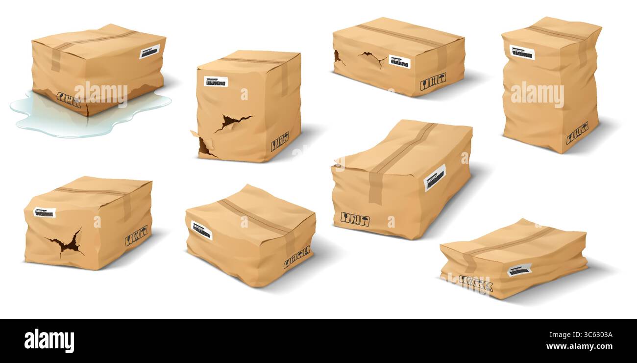 Collection of cardboard boxes in different damaged states. Wrinkled and ...