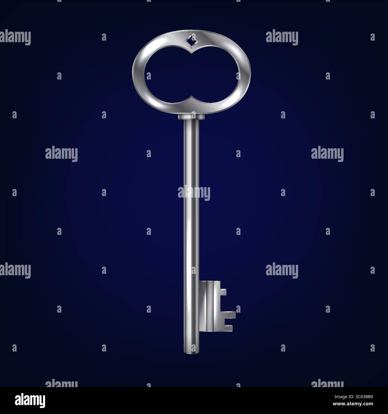 Realistic illustration of a silver key on a dark blue background. The ...