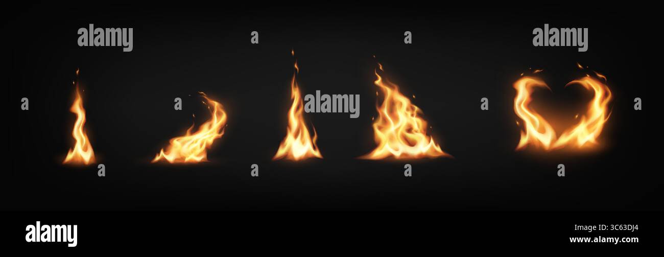Illustration of different fire flames against black background. Vibrant ...